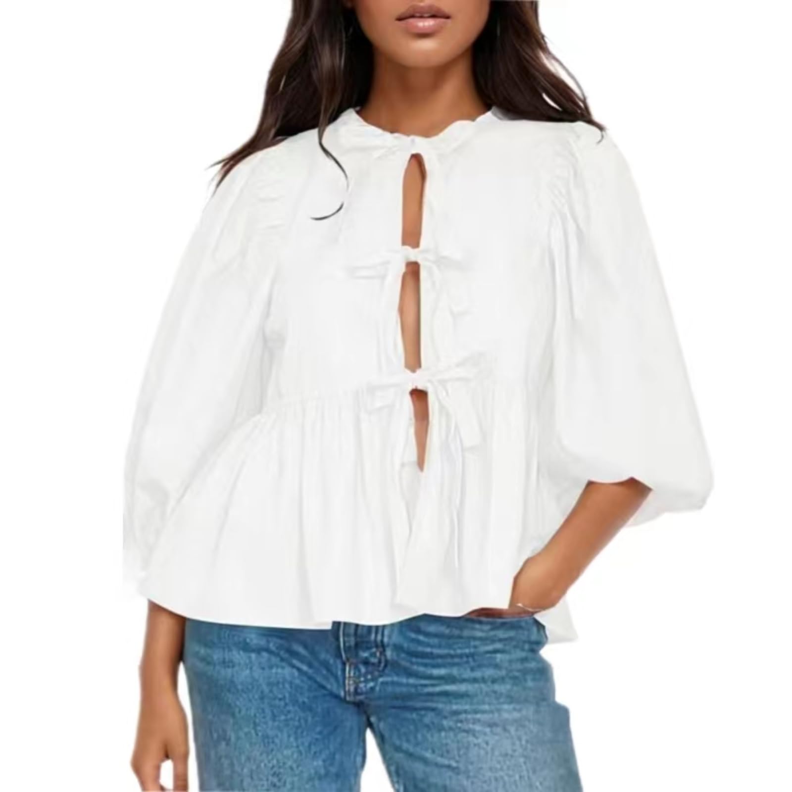 Sumleno Women Y2k Aesthetic Tie Front Tops Puff Sleeve Peplum Ruffle Hem Babydoll Blouse Cute ...