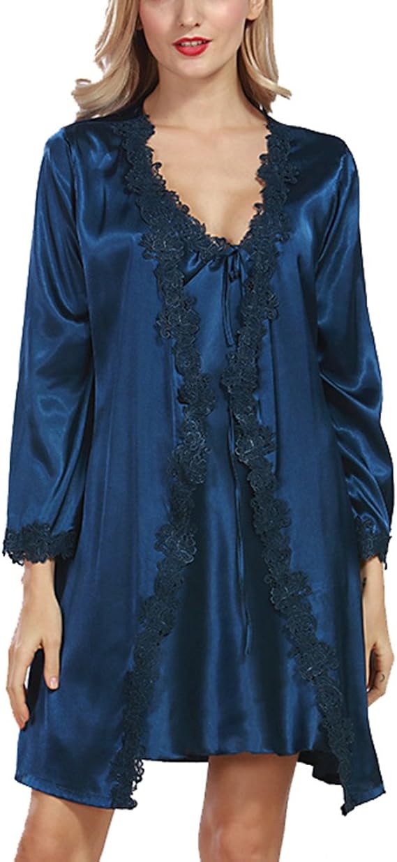 Cheerlife Damen Seide Negligee Kurz Nachtkleid Nachthemd mit Langarm ...