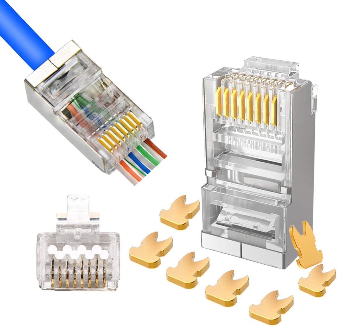 20 Pack RJ45 Cat6a Cat6 Connector for 23 AWG Gold Plated 8P8C Pass ...
