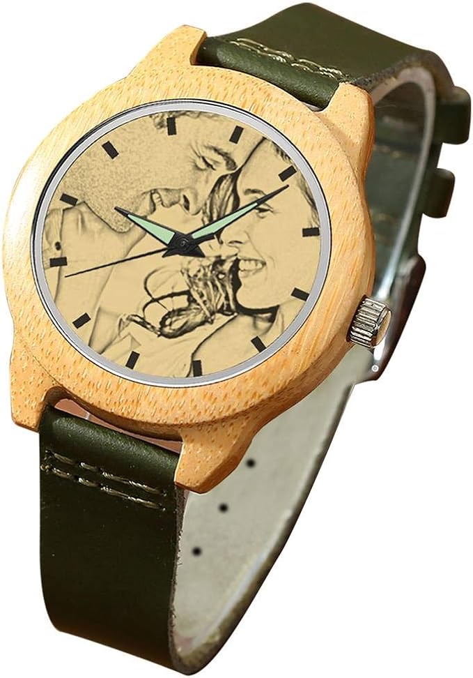 SOUFEEL Herren Uhr Armbanduhr Personalisierte Holzuhr mit Foto und Gravur Analog Japanisches ...