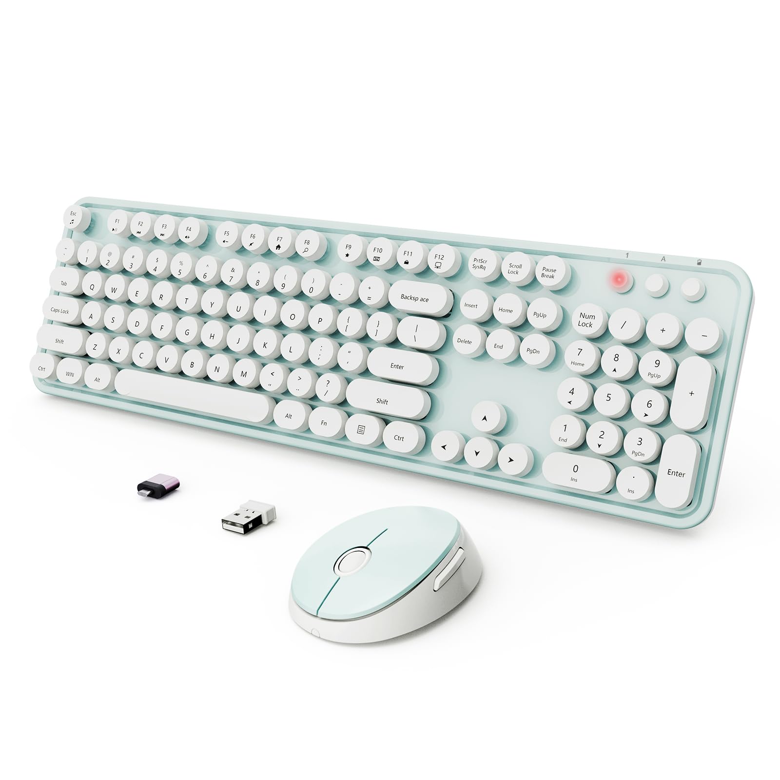 Wireless Keyboard And Mouse Combo Ergonomic Full Size Typewriter Retro Round Keycaps Keyboard