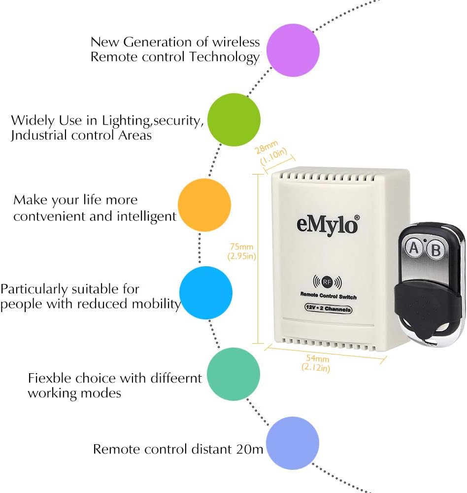 eMylo DC 12V Wireless Remote Control Switch 2 Channels RF Relay Light ...