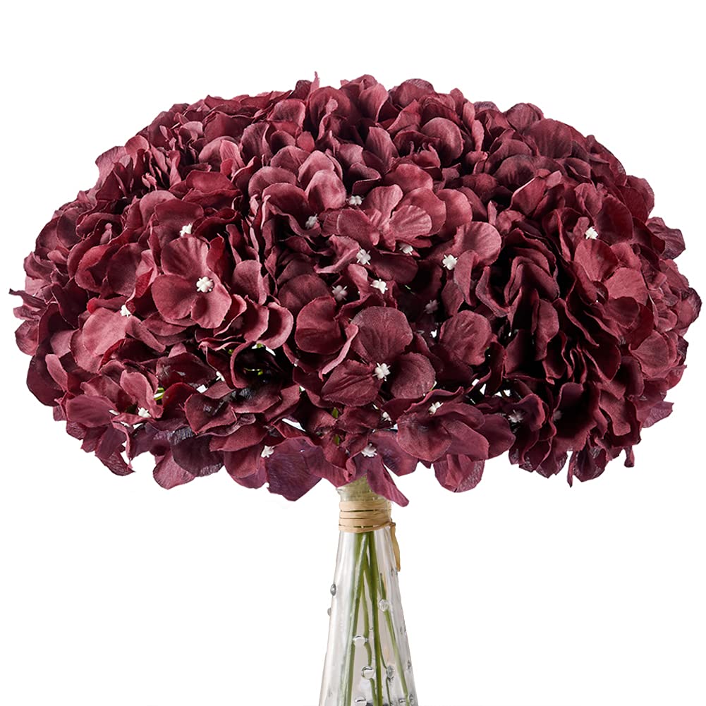 AVIVIHO Wine Red Artificial Flowers Fake Hydrangeas Pack of 10 ...