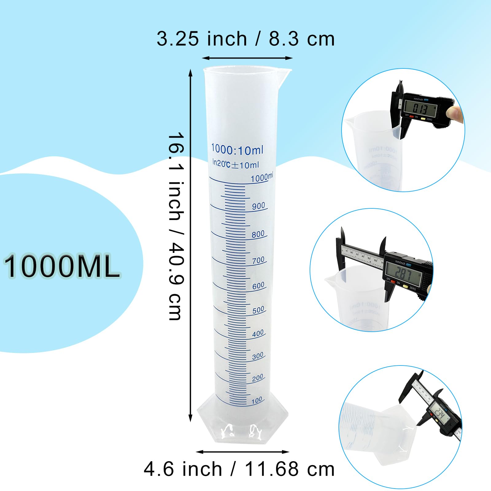 Nexboraque 4 Pack 1000ml Plastic Graduated Cylinder, Printed And Molded ...