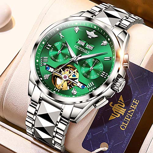 OUPINKE Swiss Brand Men Watch Self Winding Automatic Original Mechanical Green Face Tourbillon ...