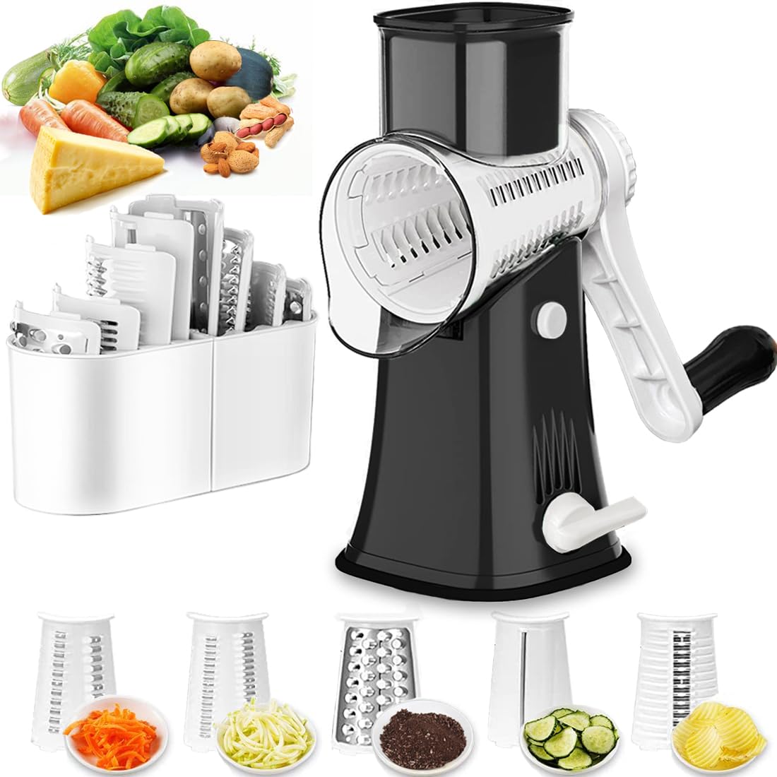 Rotary Cheese Grater Shredder 5-in-1 Tumbling Box Mandoline Vegetable ...