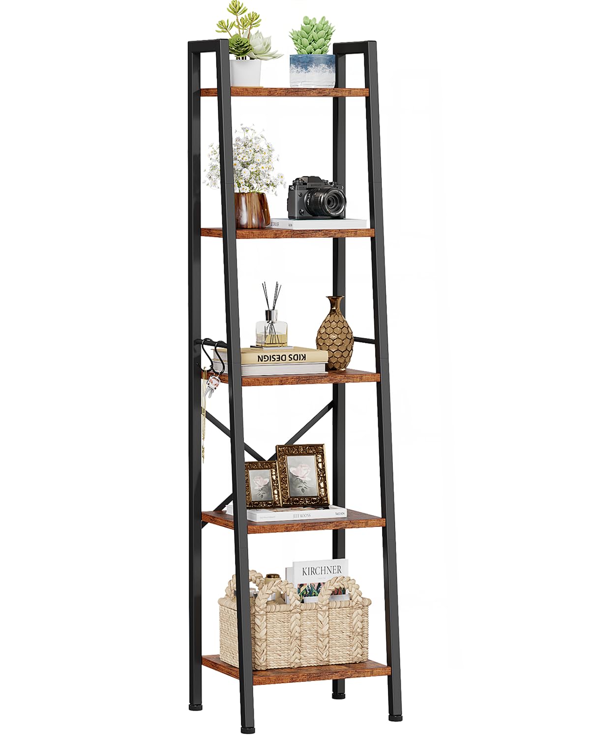 Furologee 5 Tier Ladder Shelf Bookcase, Tall Narrow Bookshelf with 2 ...