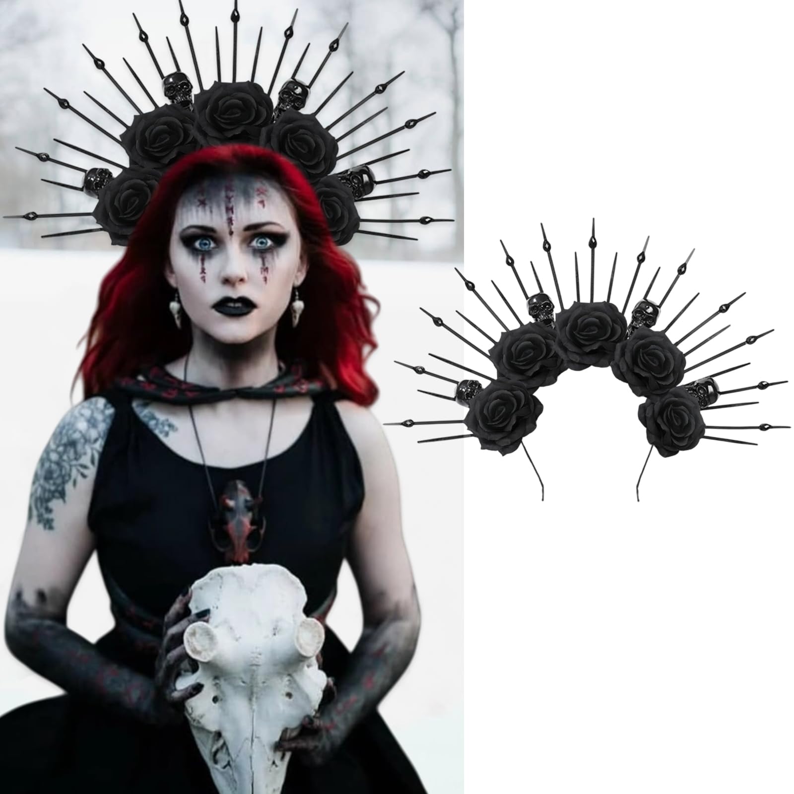 Black Rose Skeleton Goddess Halo Crown Headband Gothic Flower Skull ...