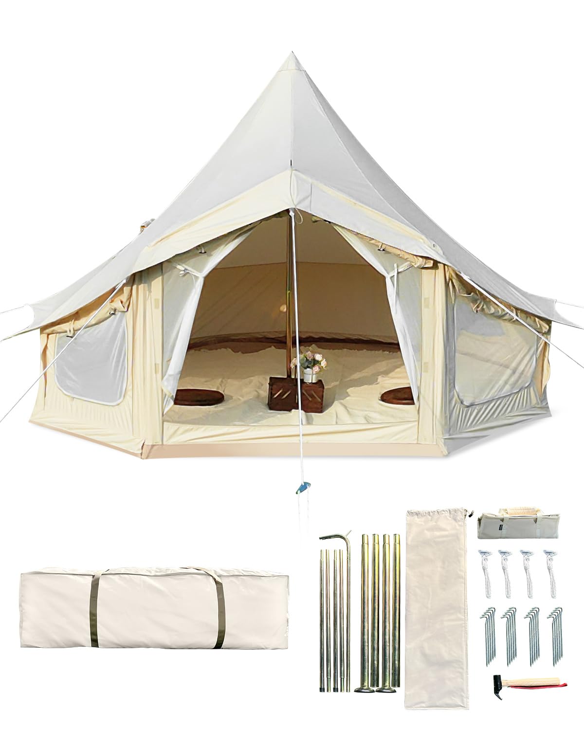 GarveeLife Canvas Bell Tent, 4 Seasons Yurt Tent with 2 Stove Jack, 4 ...