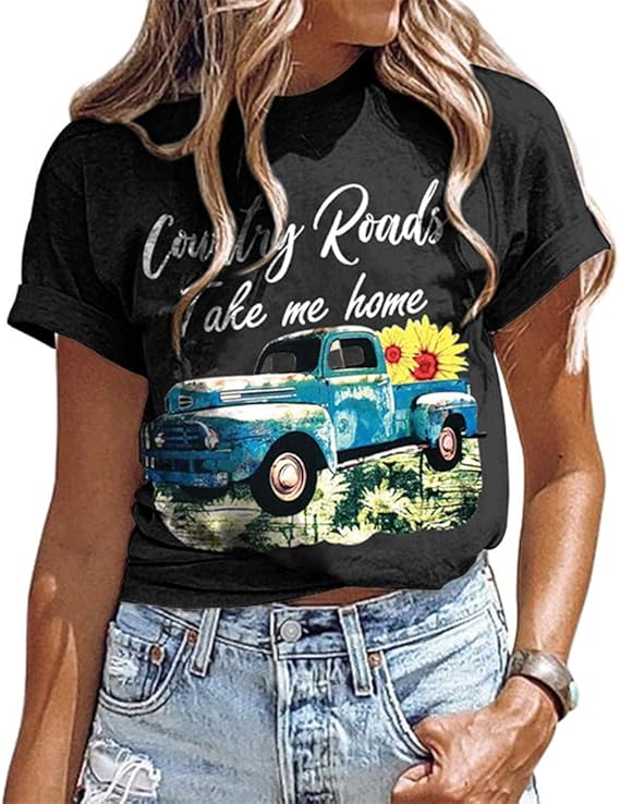 Womens Country Roads Take Me Home Shirt Letters Print Truck Graphic ...