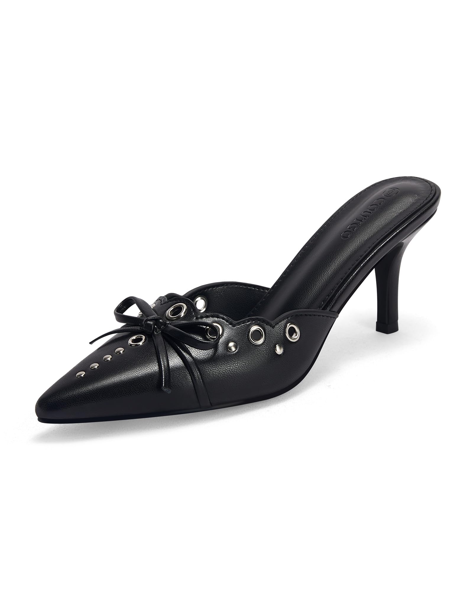 Coutgo Women's Bow Tie Mule Heels Pointed Toe Studded Backless ...