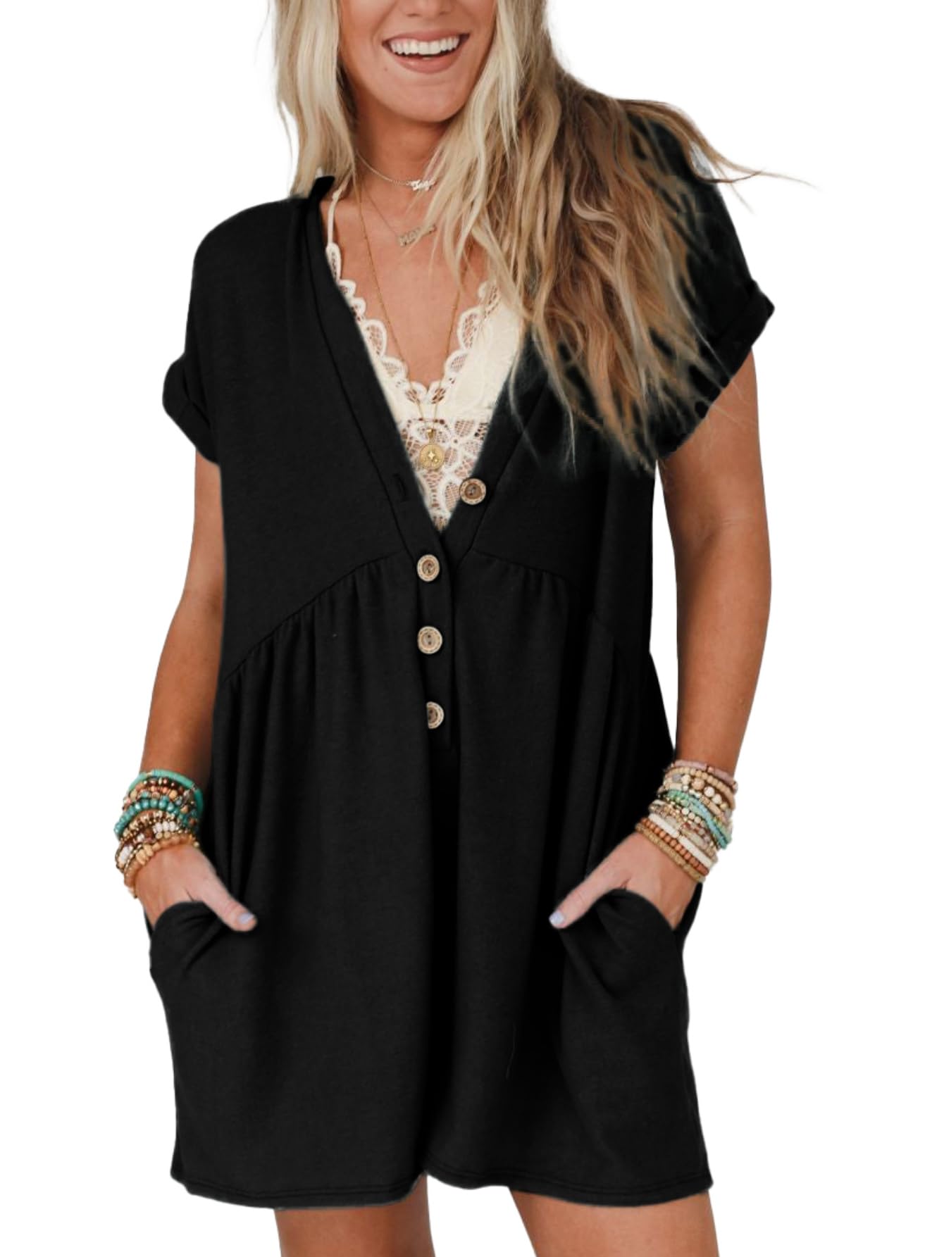 Glamaker Women's Summer Short Sleeve Romper Casual V Neck Wide Leg ...