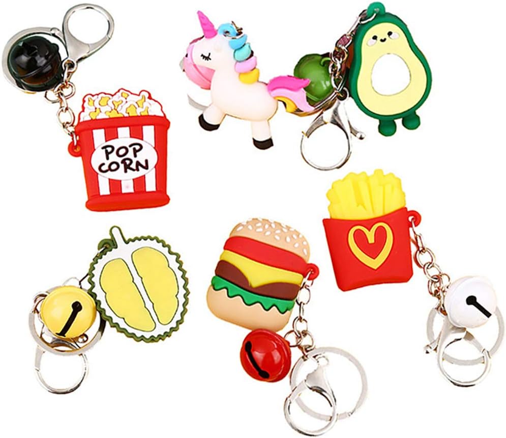 6PC Cartoon Keyrings Charm,Burger Fries Popcorn Durian Avocado White ...
