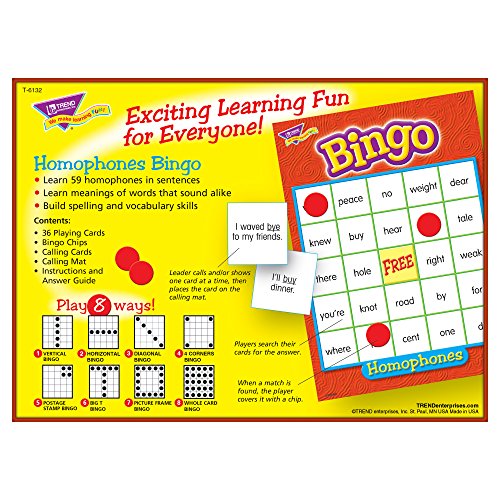 Trend Homophones Bingo Game - 5 x 5 inches - Set Includes 36 Cards, 700 ...