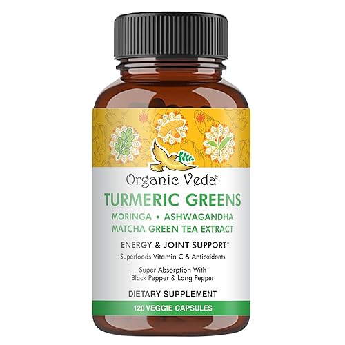 Organic Veda Turmeric Greens Capsules with Moringa, Ashwagandha, Matcha ...