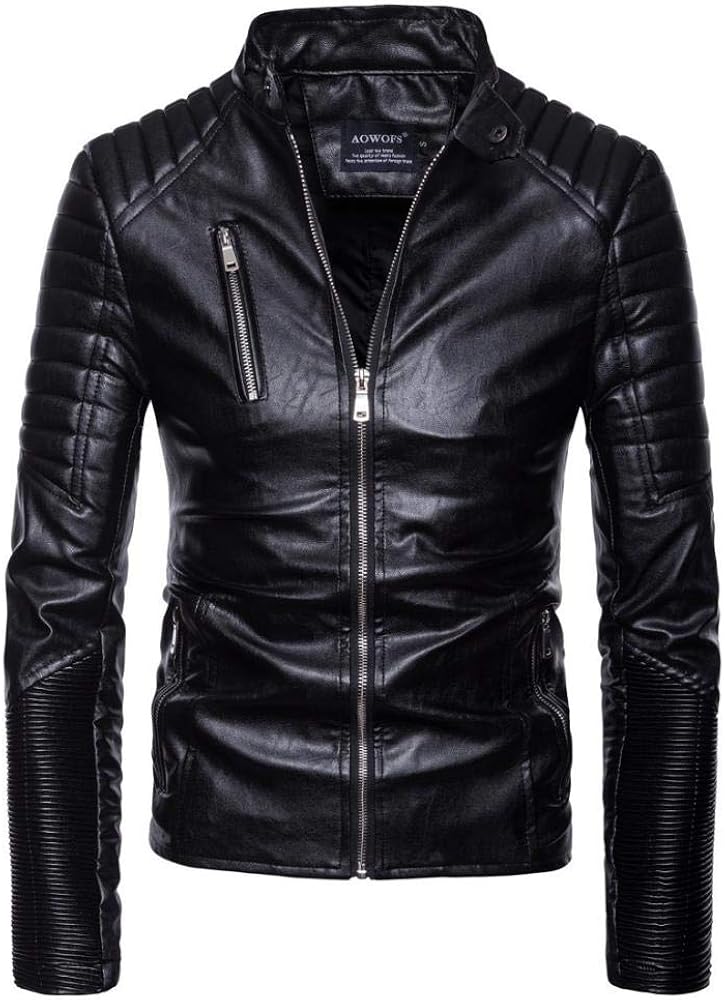 WEDGFG Chaqueta de Cuero de la Motocicleta de Cuero con Cremallera y ...