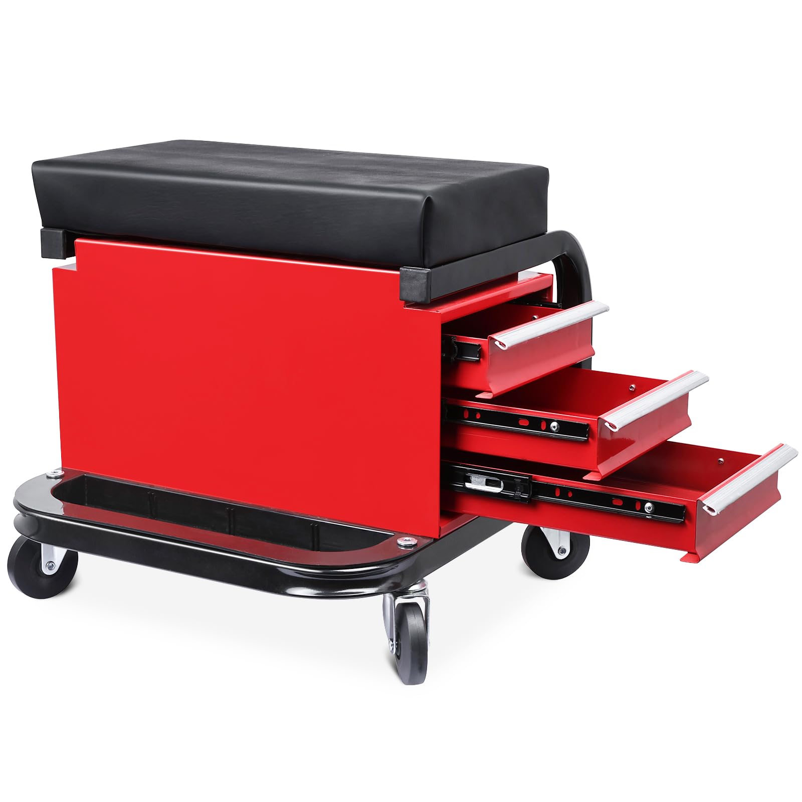 Toolly Mechanic Stool with Wheels, Padded Creeper Seat with 3 Drawers and Cupholder, Rolling ...