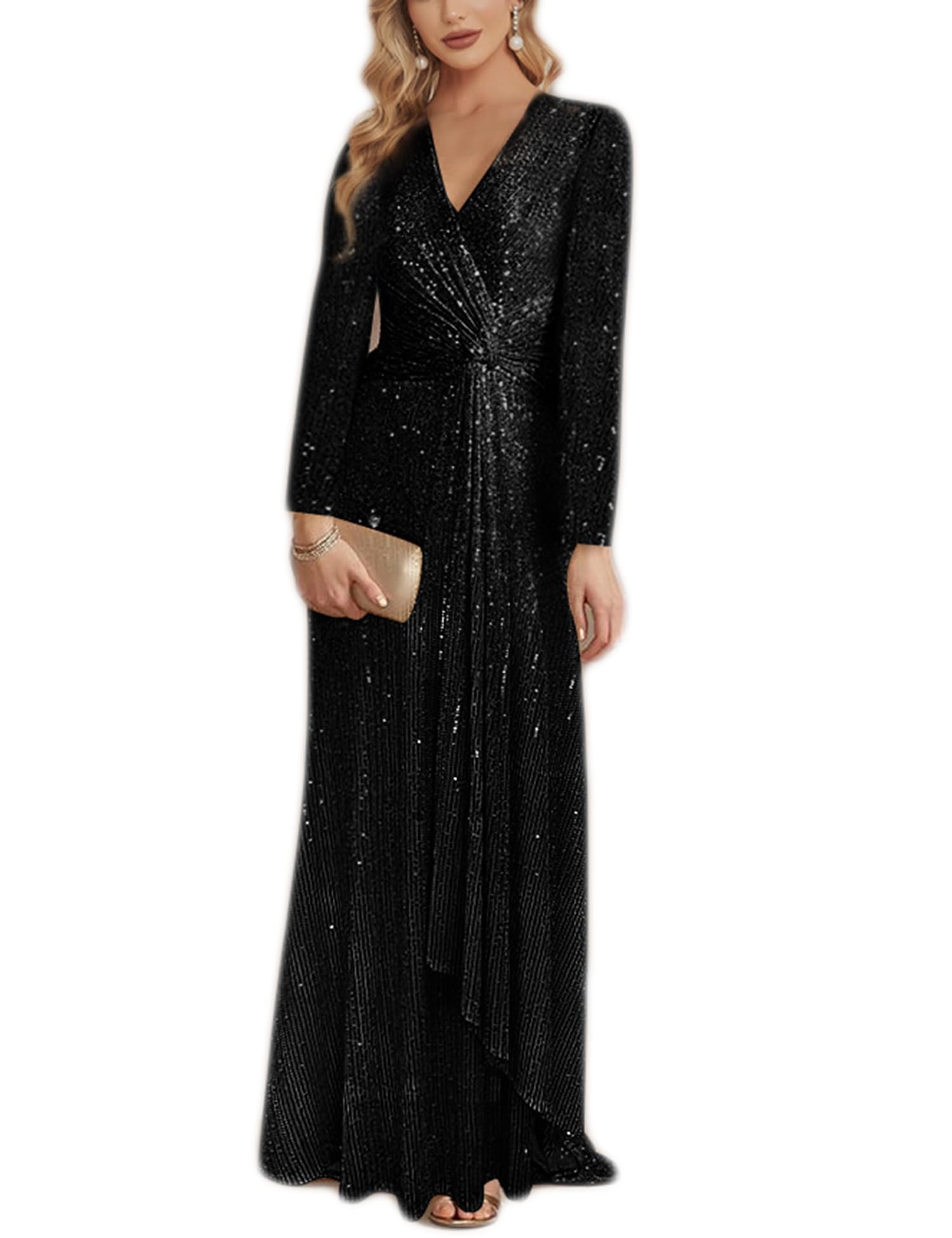 meilun Black Long Sleeve Sequin Dress for Women Formal Gowns Sparkly V ...