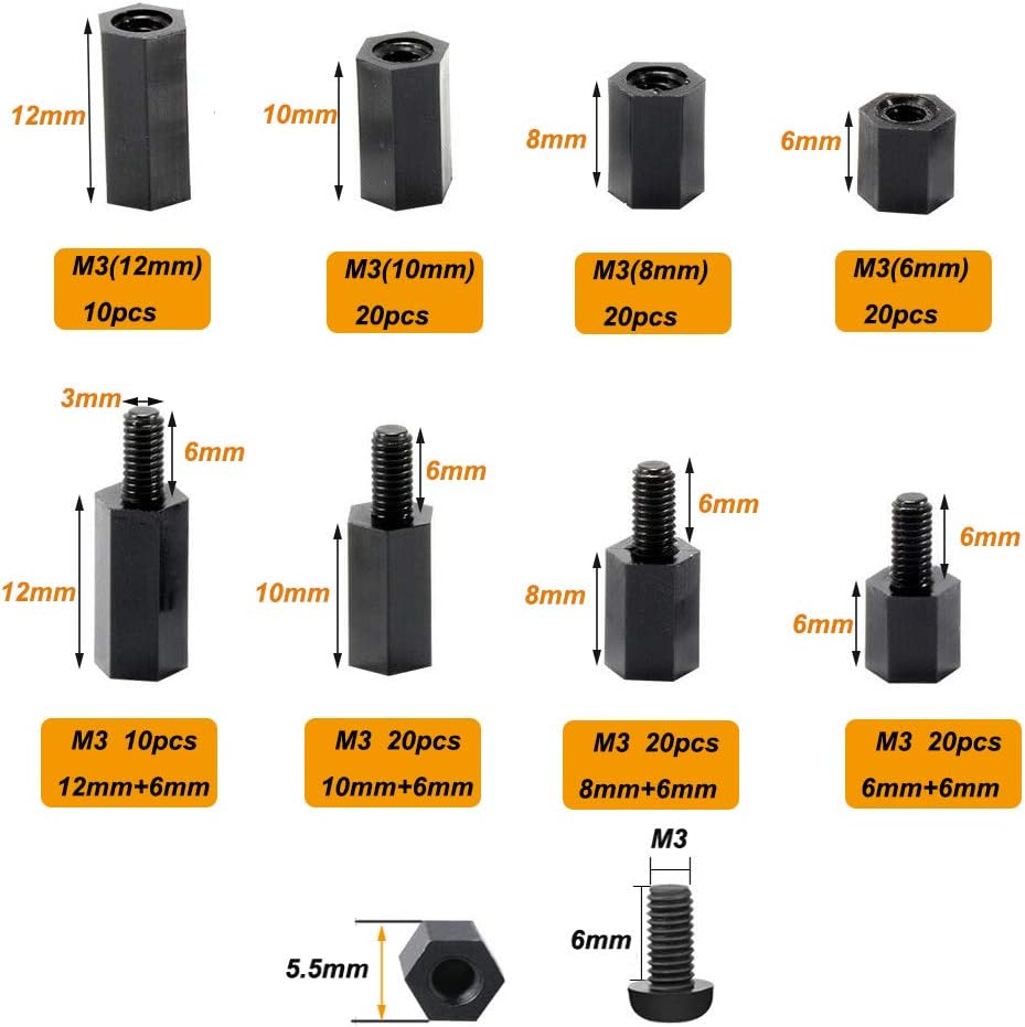 Saipor 300pcs M3 Nylon Male Female Hex Spacers Standoff Screw Nut ...