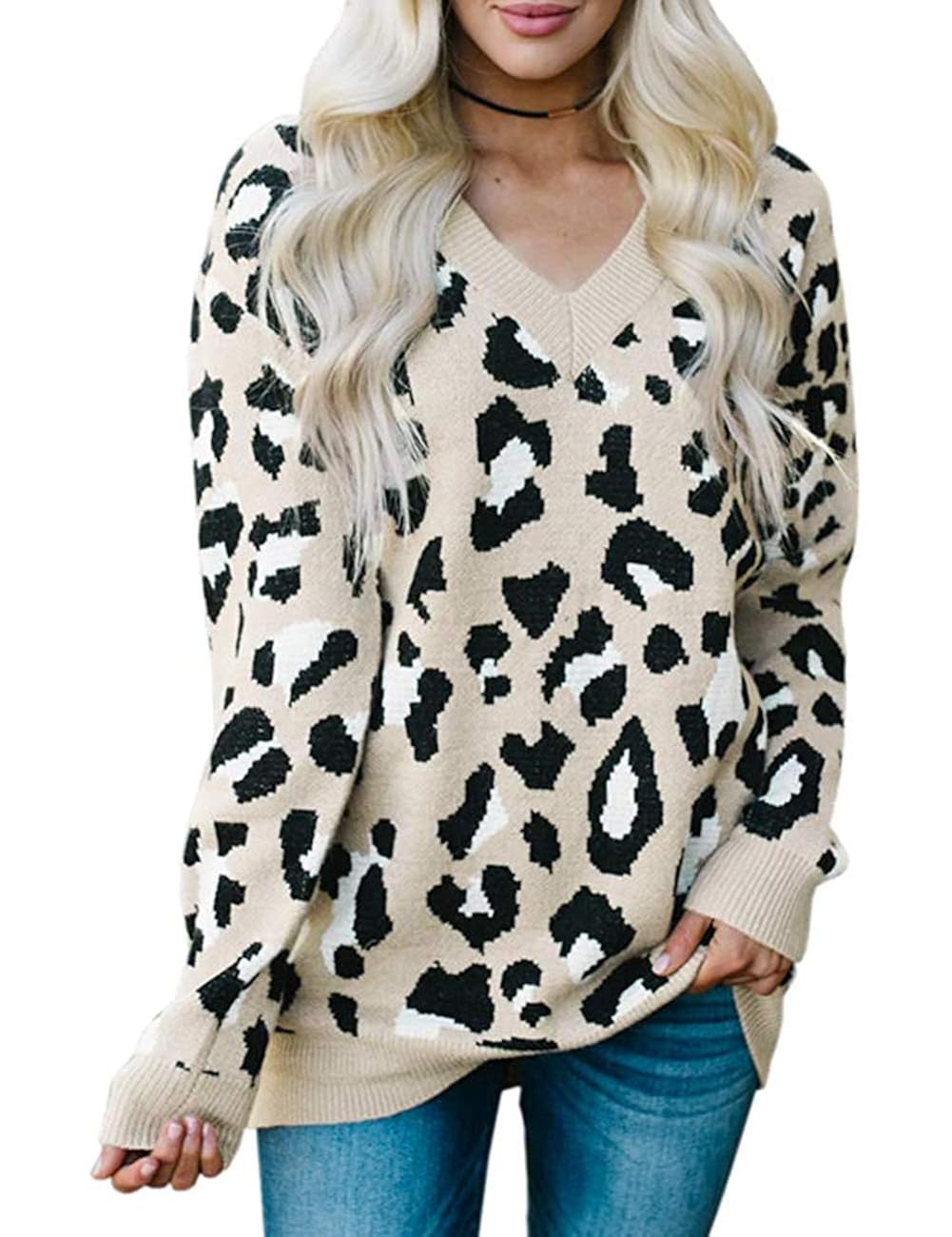Buy APRAW Womens Leopard Print Sweaters V Neck Long Sleeve Oversize ...