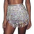 REETAN Boho Belly Skirt Sequins Belly Hip Scarf Tassel Fringe Skirt Rave Party Dance Performance ...