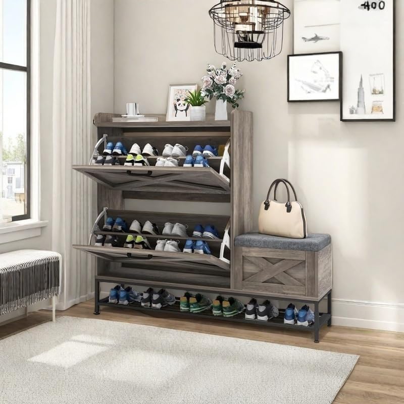 DWVO Farmhouse Shoe Storage Cabinet with 2 Flip Drawers for 16 Pairs ...