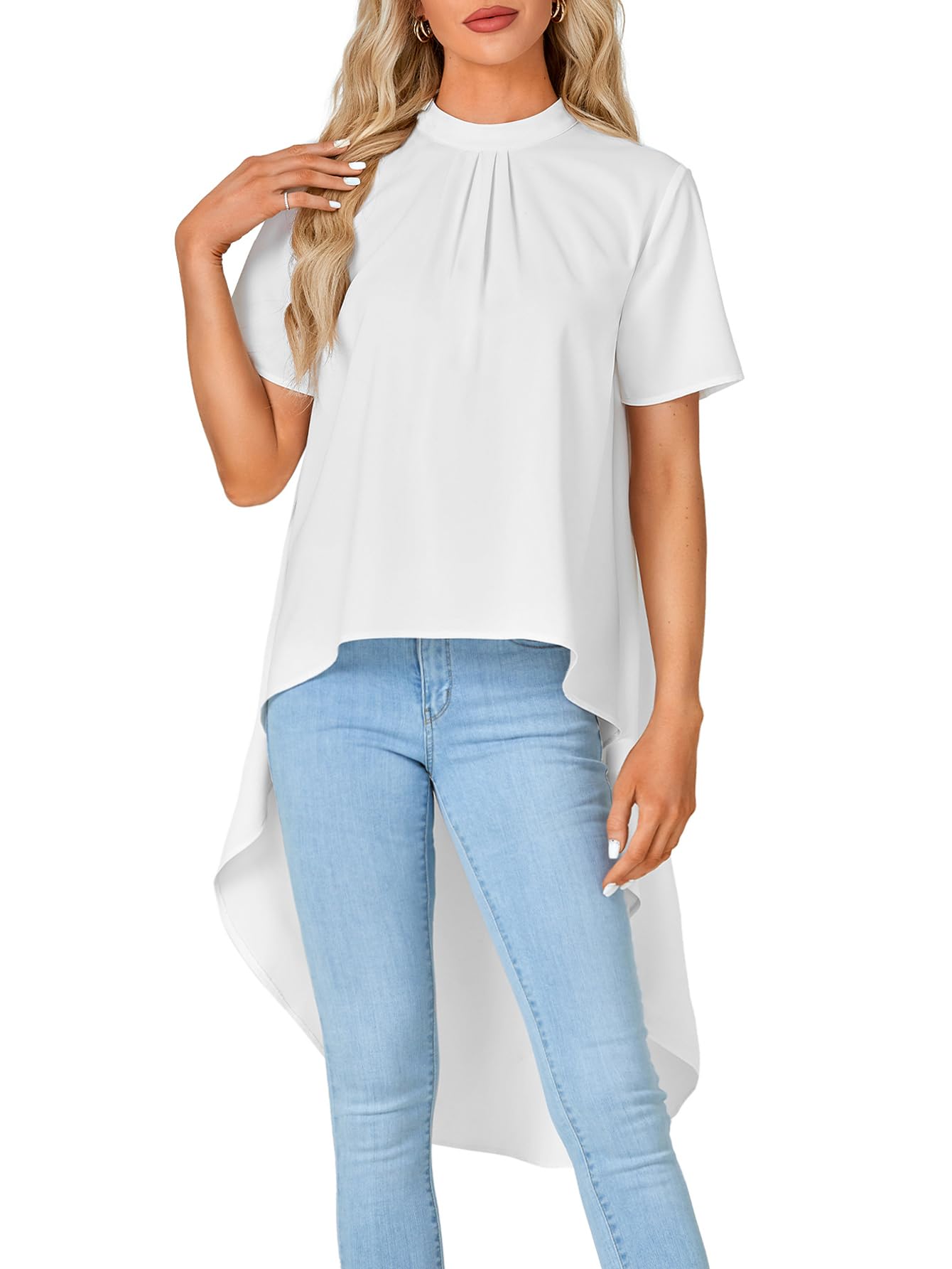 LYANER Women's Asymmetrical High Low Short Sleeve Mock Neck Flowy ...