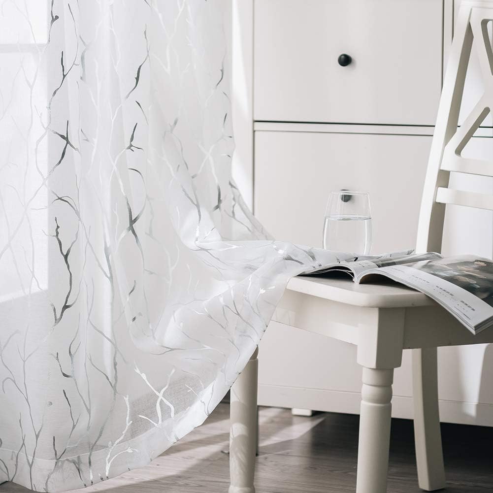 Kotile White Sheer Curtains 84 Inches Long - Printed Classy Silver Tree ...