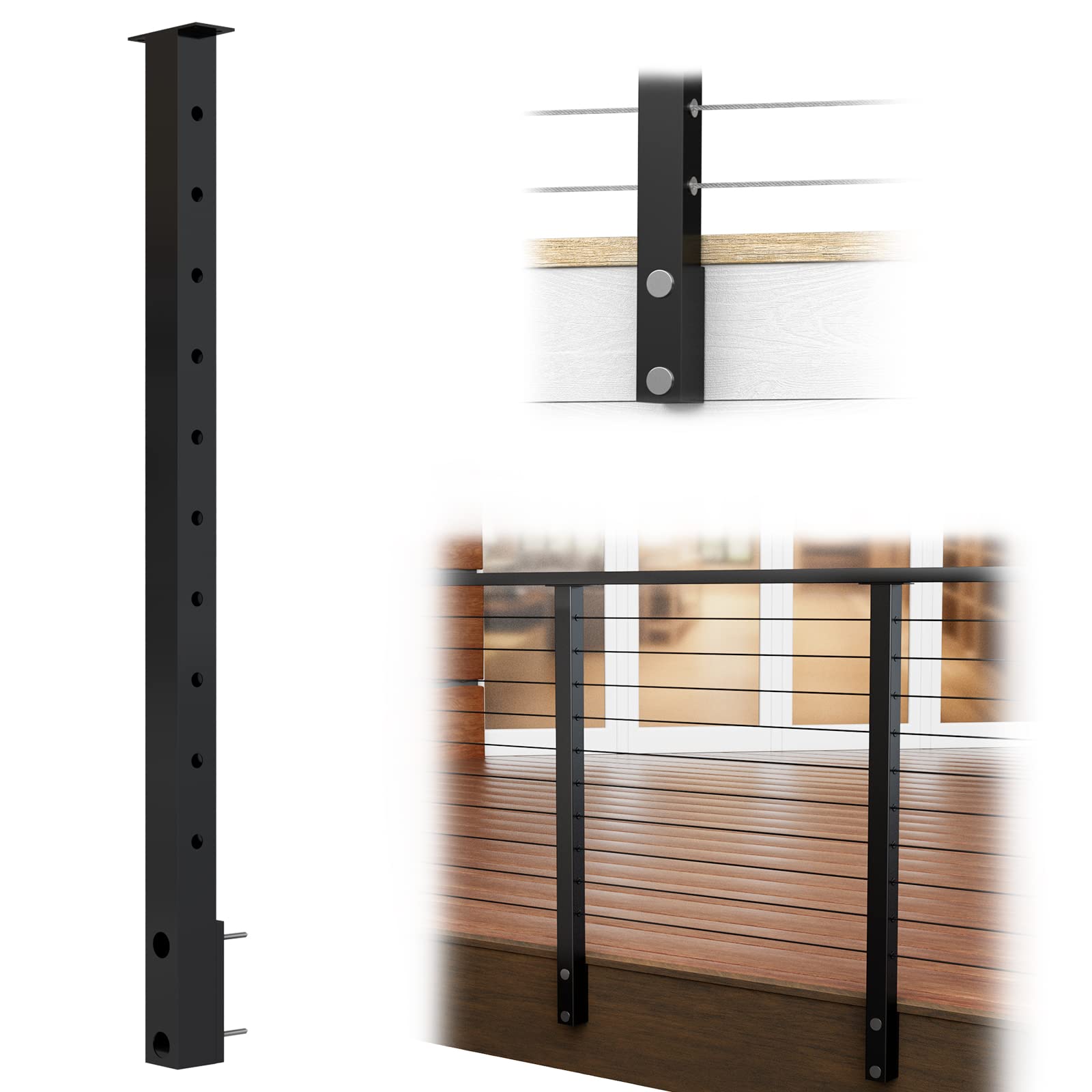 Muzata Black Side Mount Cable Railing Post 36 Inch 36"x2"x2" Level ...