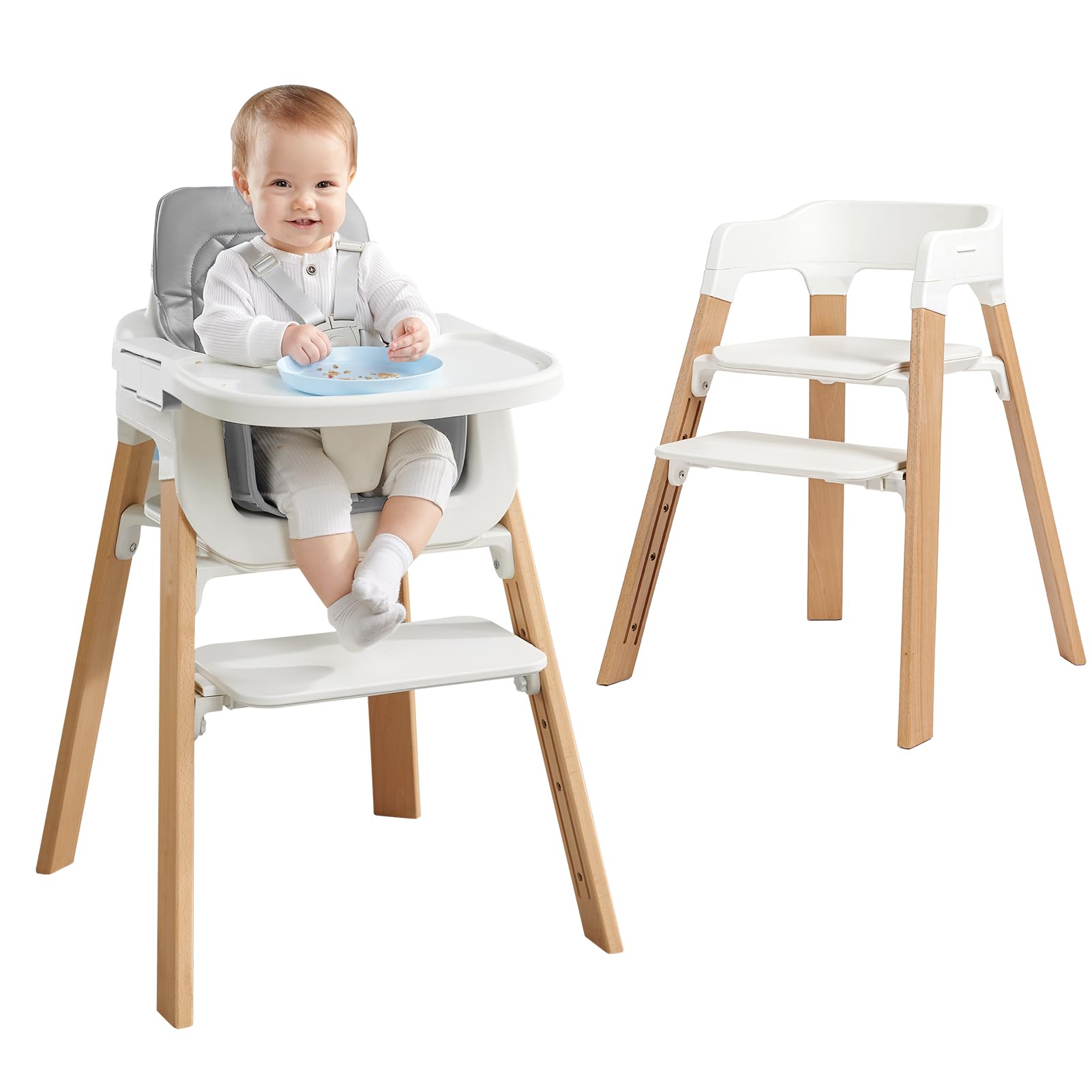 Wooden High Chairs for Babies and Toddlers, Baby Eating Chair with Tray ...