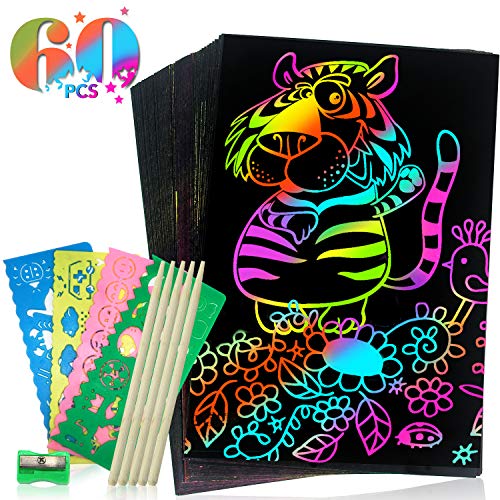 Scratch Art for Kids - 50PCS Rainbow Scratch Paper with 5 Wooden ...