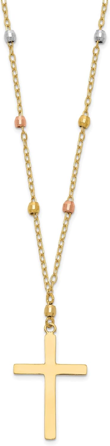 Amazon.com: 14K Tri Colored Gold Diamond Cut Beaded Cross Necklace, 14k ...