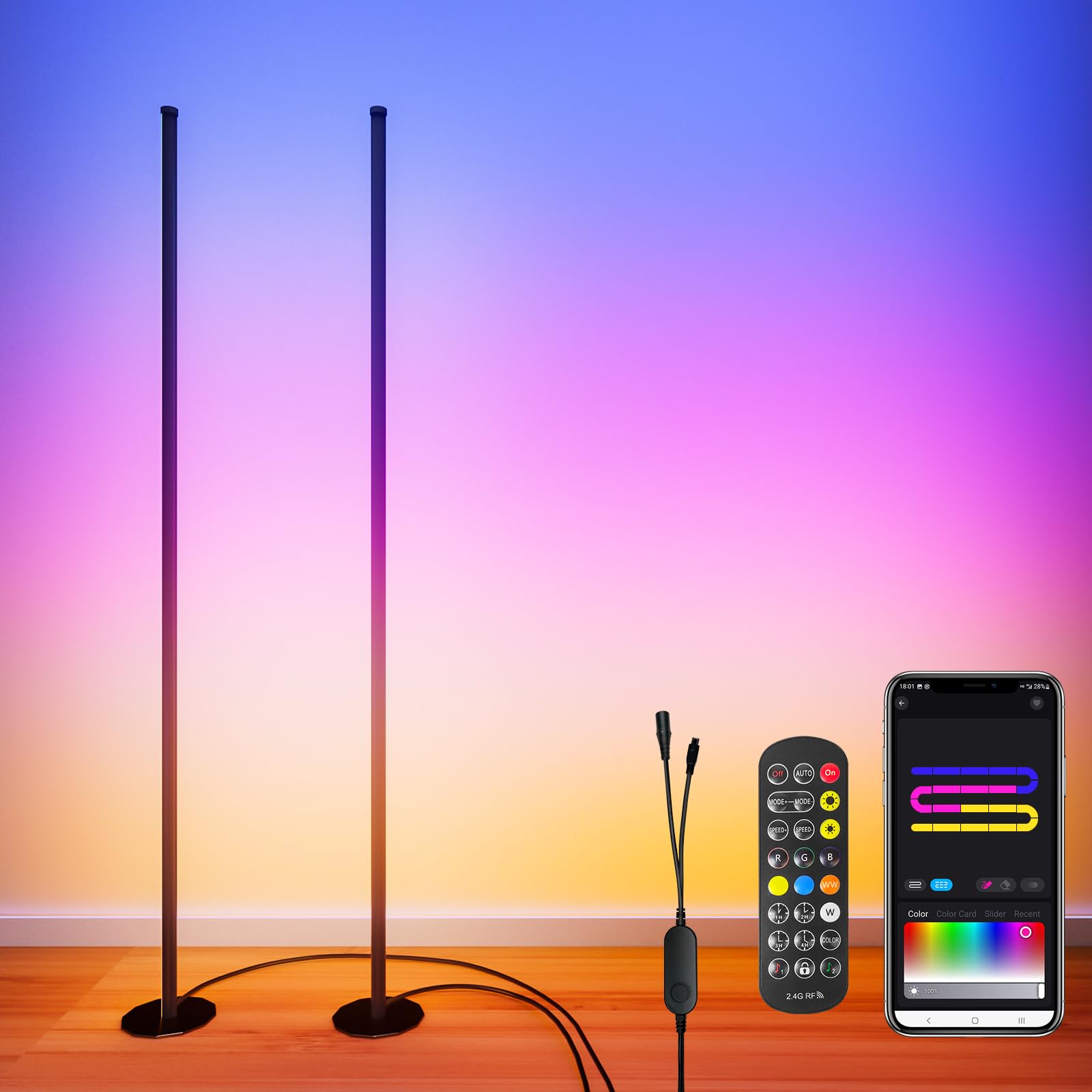 velted Corner Floor Lamp, Synced Dual Lights LED Control Floor Lamp RGB+ICW Light 55" Smart LED ...