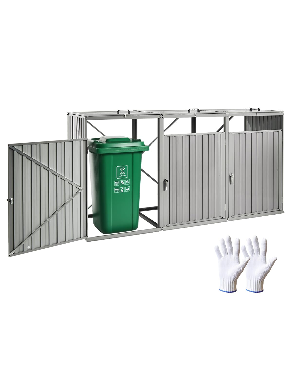 VEVOR Garbage Bin Storage Shed, Galvanized Steel Outdoor Trash Can ...