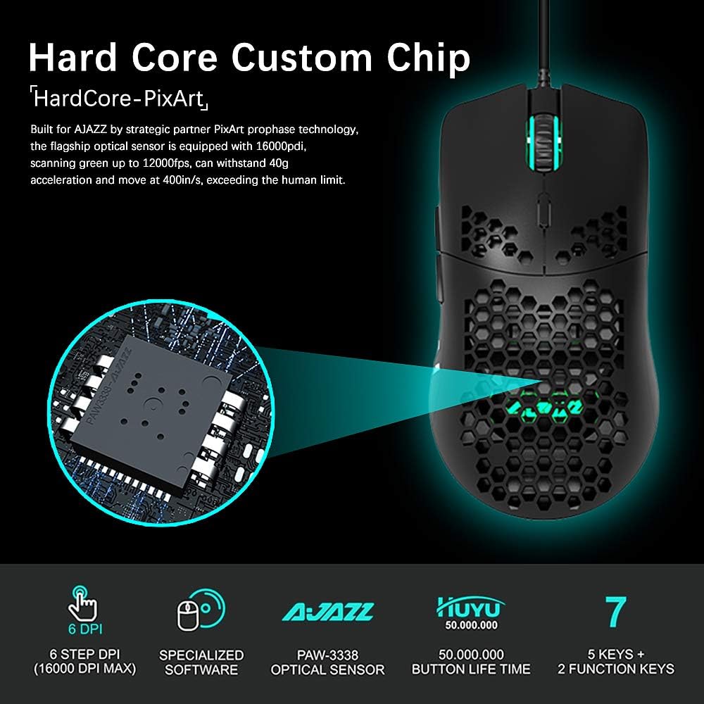 AJ390 Wired Gaming Mouse with 16000 DPI Pixart 3338 Optical Sensor, 69g ...