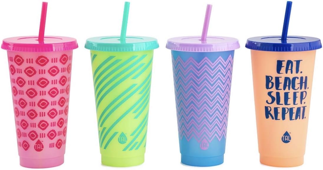 TAL Color Changing Tumbler & Straw Set. 24 oz. 4 Pack with Designs ...