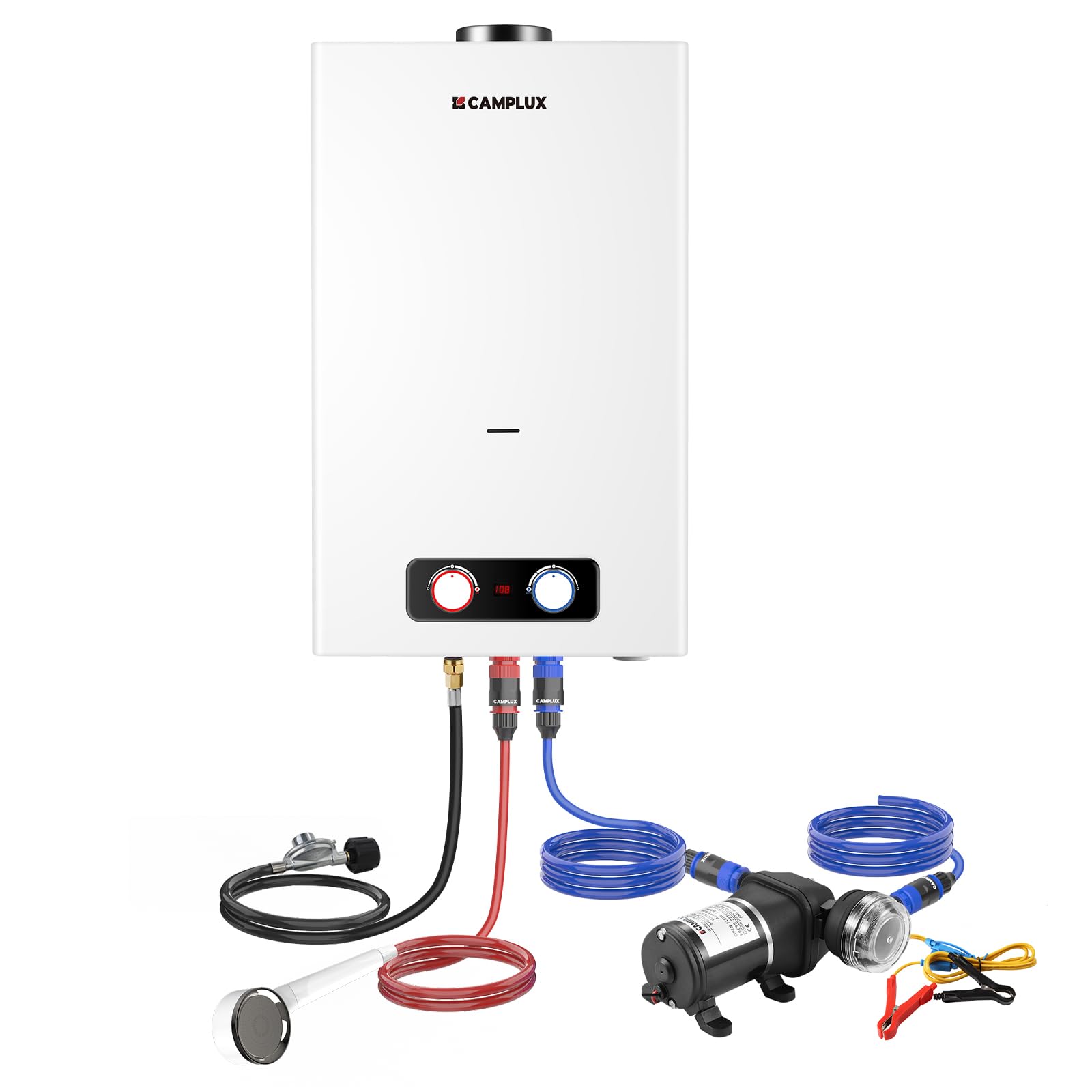 CAMPLUX Tankless Water Heater Outdoor, 4.22 GPM Propane Water Heater with 3.3 GPM Water Pump Kit ...