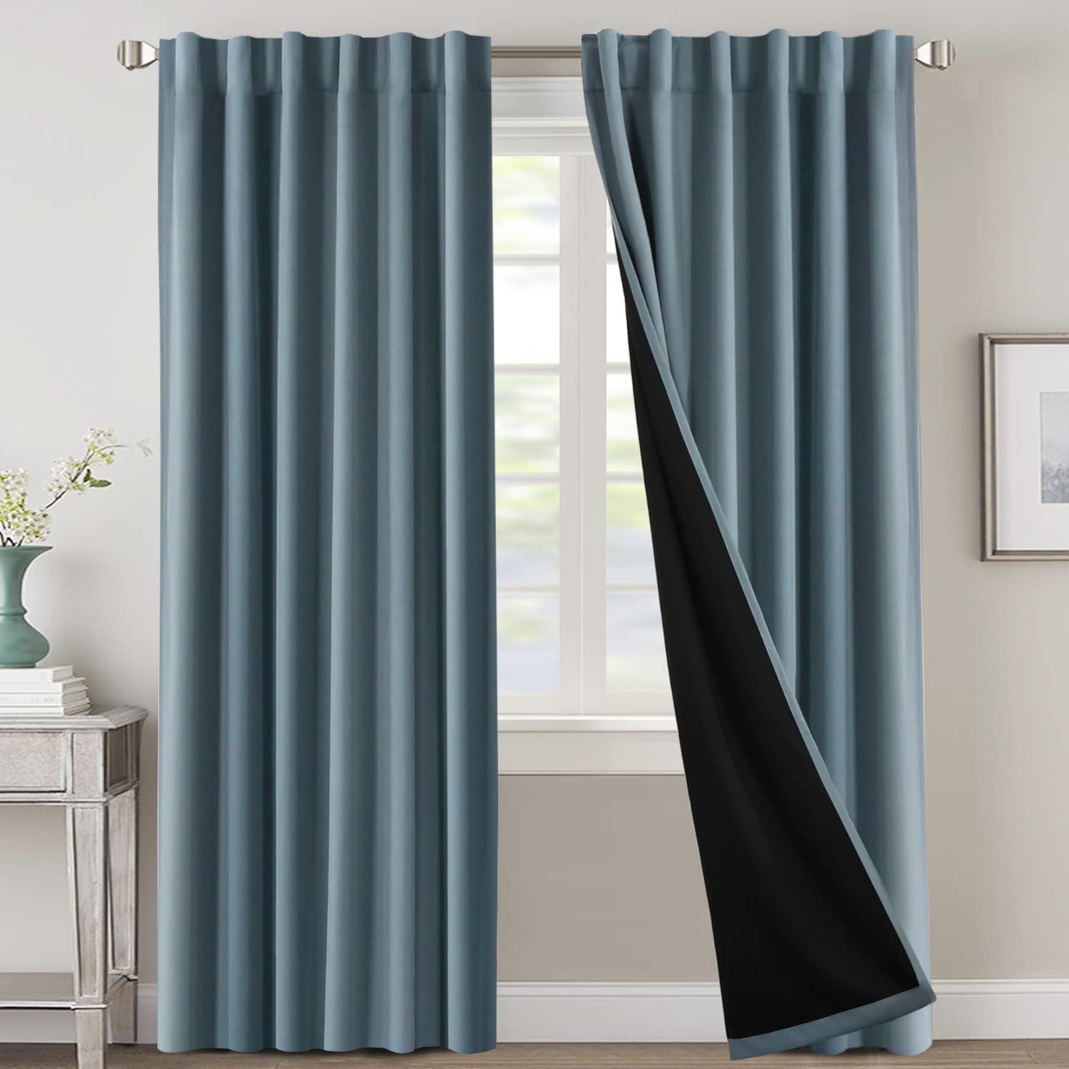 H.VERSAILTEX 100% Blackout Curtains for Bedroom with Black Liner Full Room Darkening Curtains 84 ...