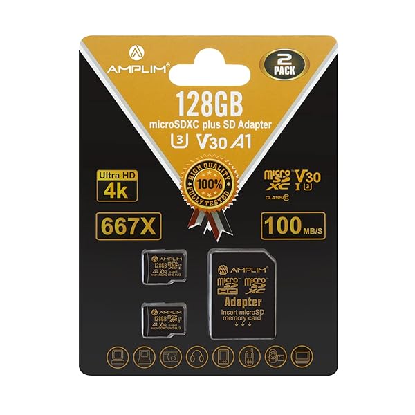 2-Pack 128GB Micro SD SDXC Card Plus Adapter Pack - Amplim 2X 128 GB MicroSD Card V30 A1 U3 C10 ...
