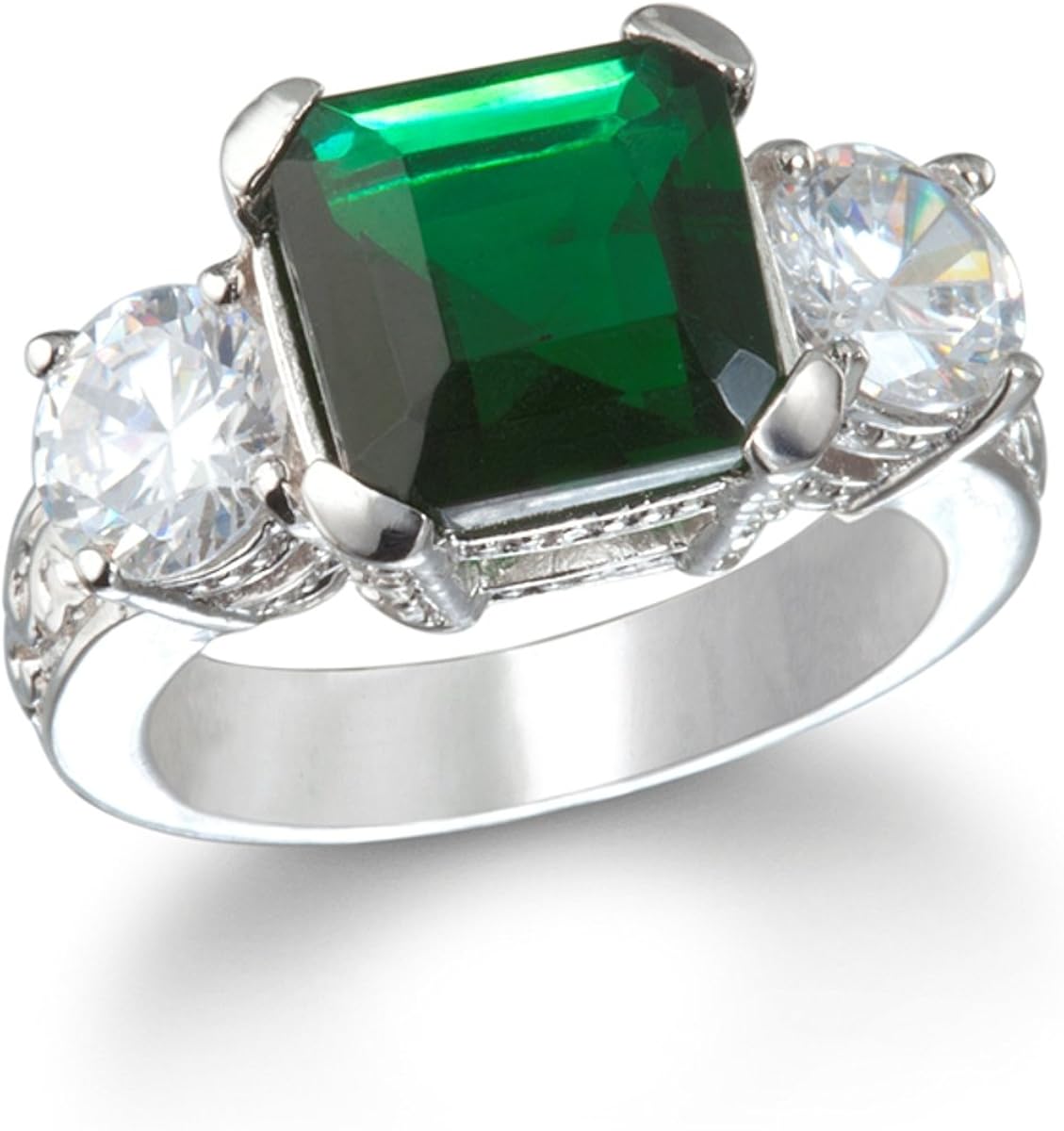 Amazon.com: Rhodium Plated Silver Princess Simulated Emerald Ring: Jewelry