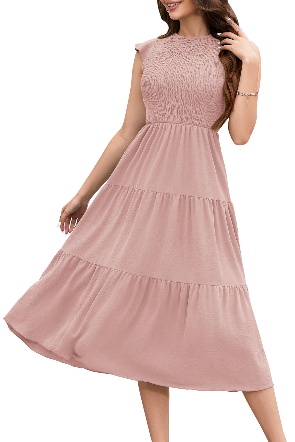 ZOOMOON Women's 2024 Casual Short Sleeve Summer Dress Crew Neck Smocked ...