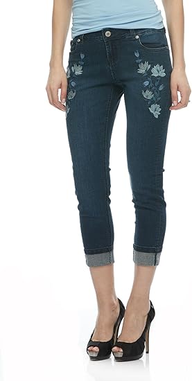 Suko Jeans Womens Stretch Denim Embroidery Capri 18009 Flower DARKBLUE ...