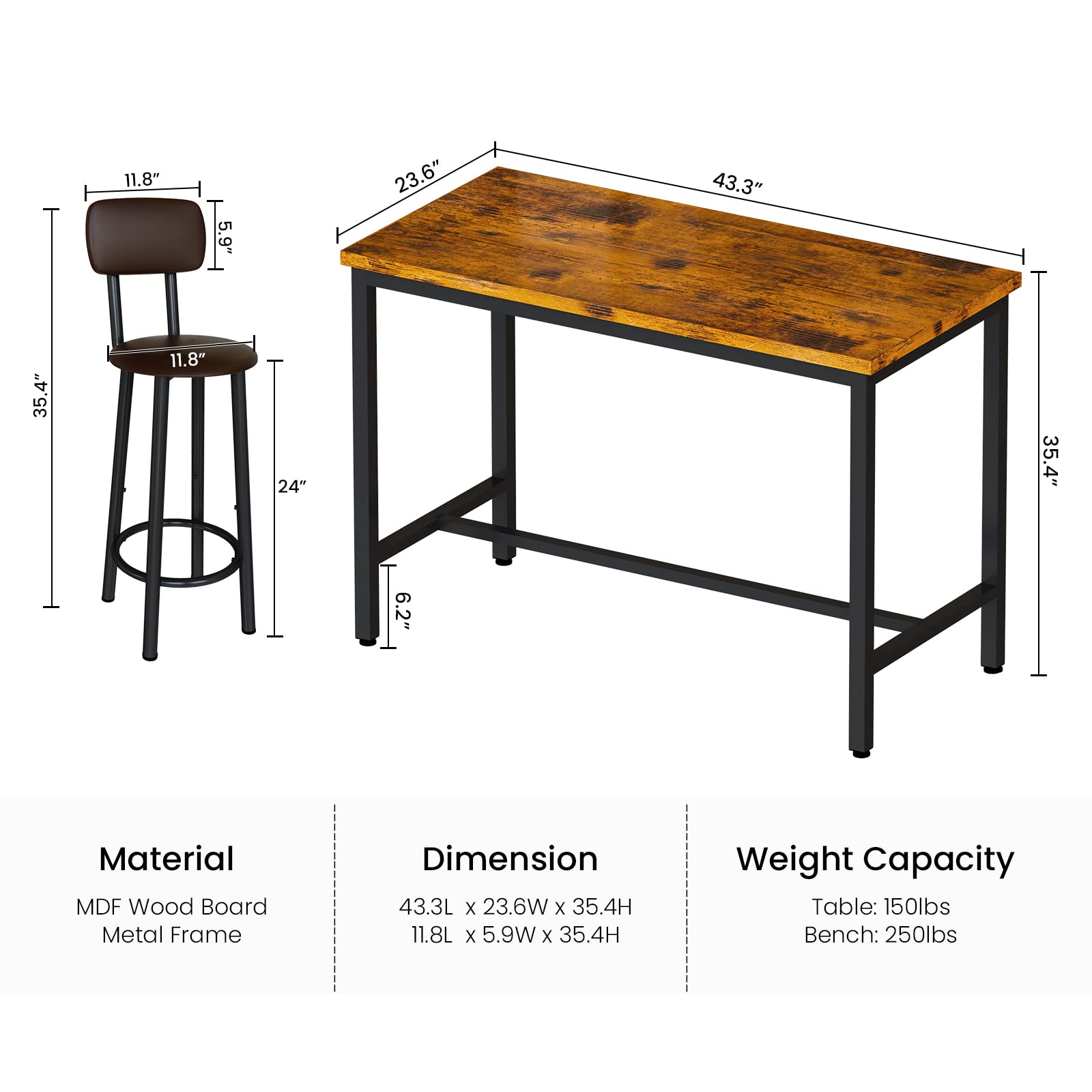 AWQM Bar Table And 4 Chairs Set Industrial Counter Height Pub Table With Bar 5 Pieces Dining Set ...