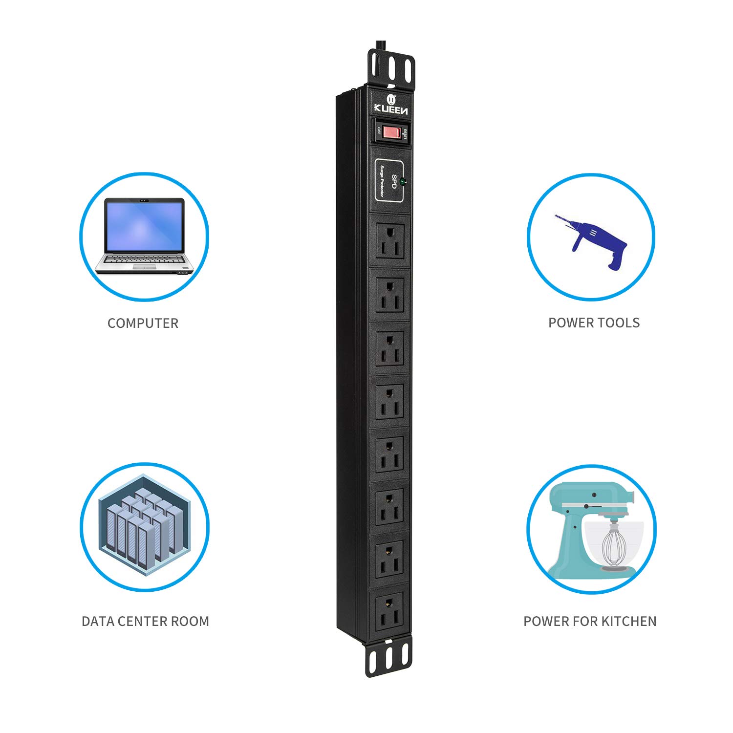 KUEEN 19" 1U Rack Mount PDU Power Strips,Server Rack Power Distribution Unit, 8 Power Outlets ...