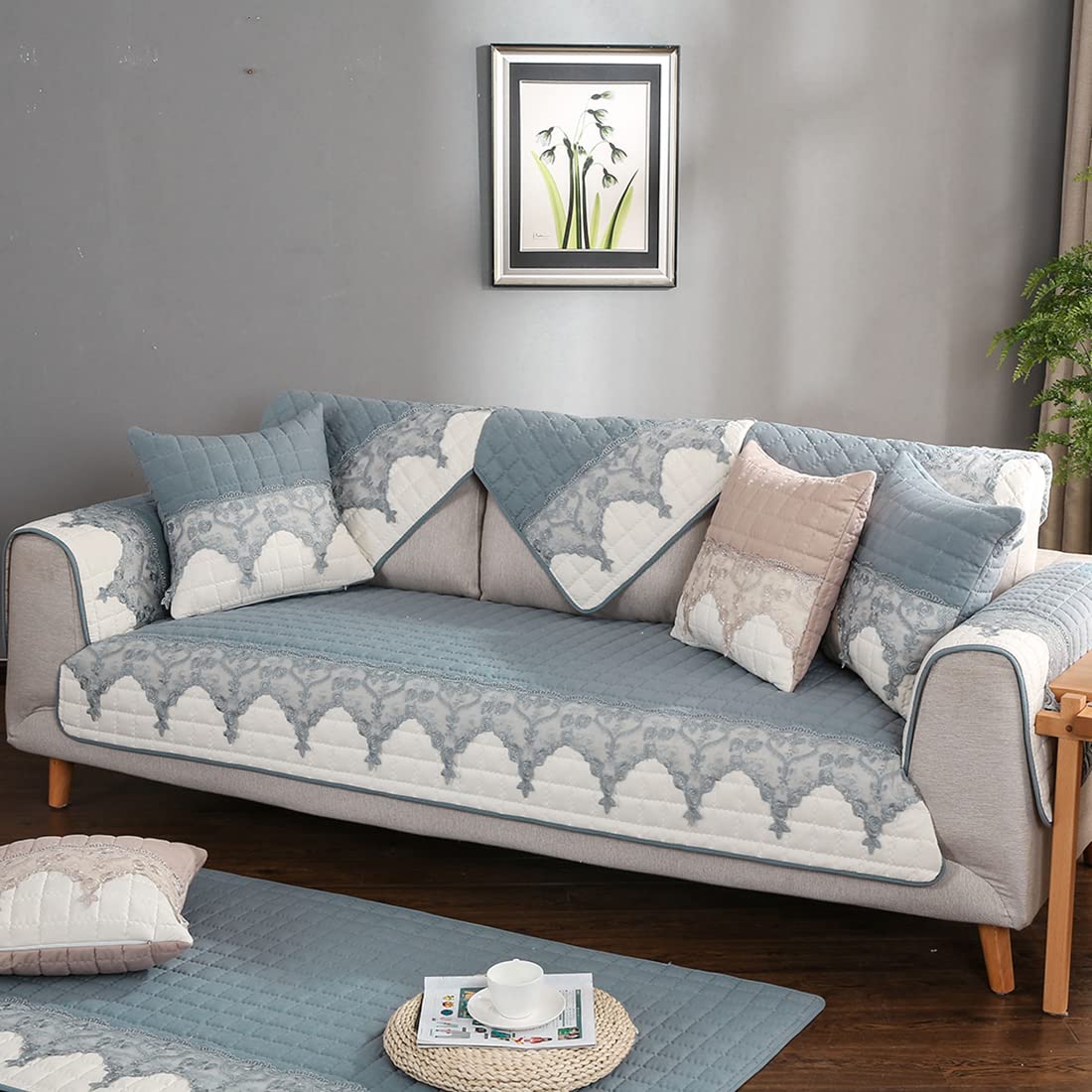 vctops Embroidered Lace Sofa Couch Cover, Quilted Sectional Couch ...