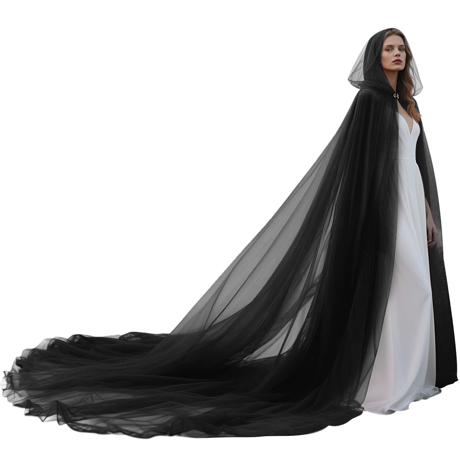 Joukavor Tulle Hooded Cape with Train Sheer Witch Cloak Long for ...
