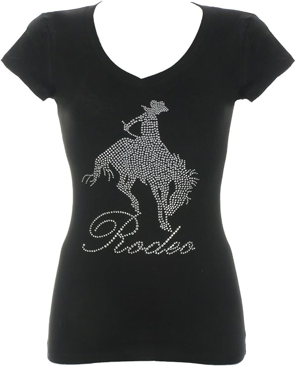 Amazon.com: Women's Rodeo Cowgirl's Rhinestone Bling V-Neck T-Shirts ...