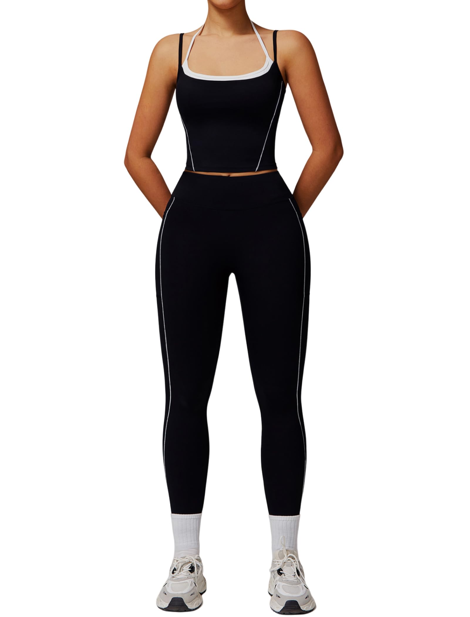 QBGJTD Womens Workout Sets Two Piece Spaghetti Straps Back Tank Top Matching Tummy Control High ...