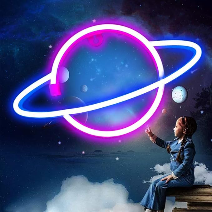 AMZMA Blue&Pink Planet Neon Light LED Neon Signs Wall Light Sign Light ...