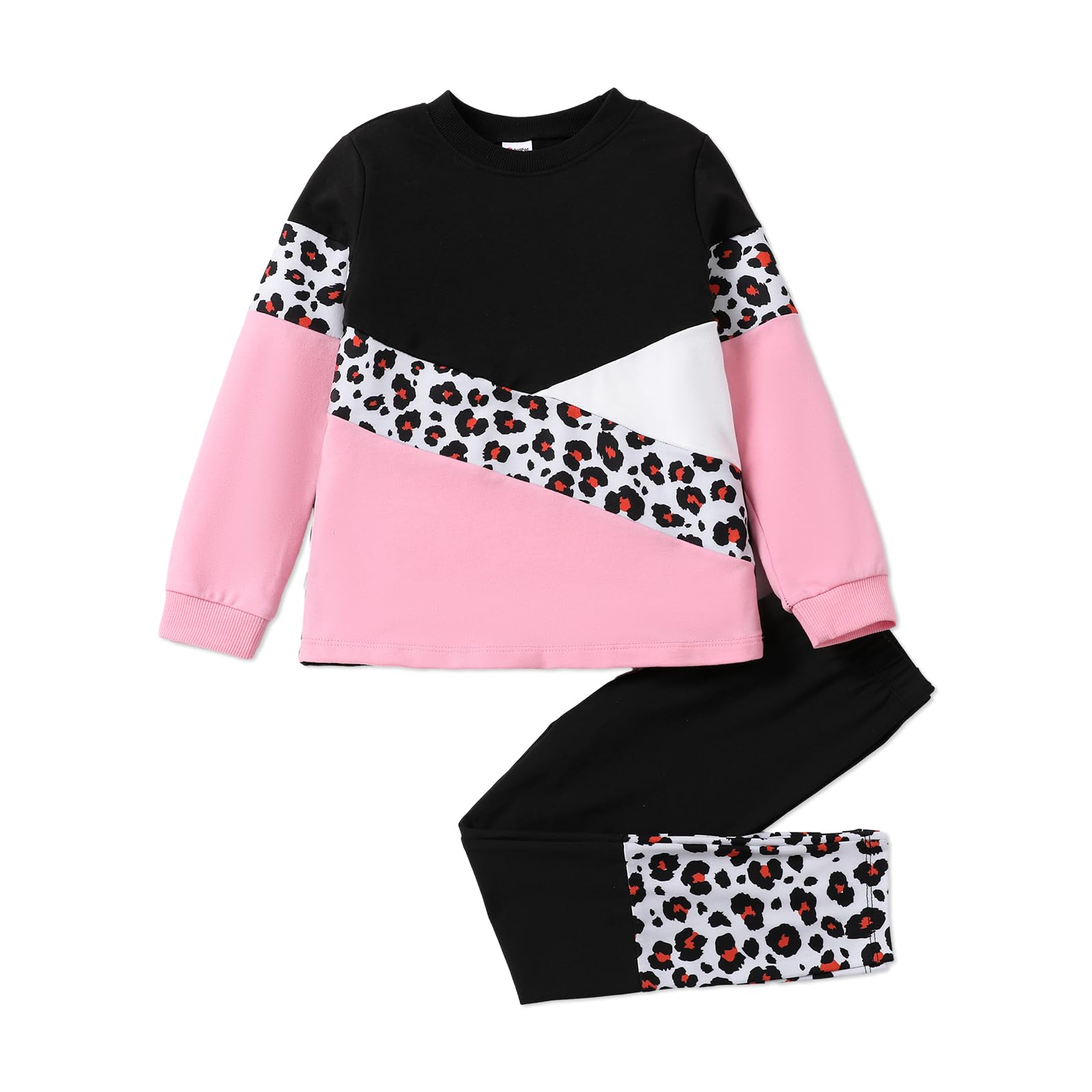 PATPAT Girls Clothing Set Pink Black Crew Neck Leopard Color Block ...